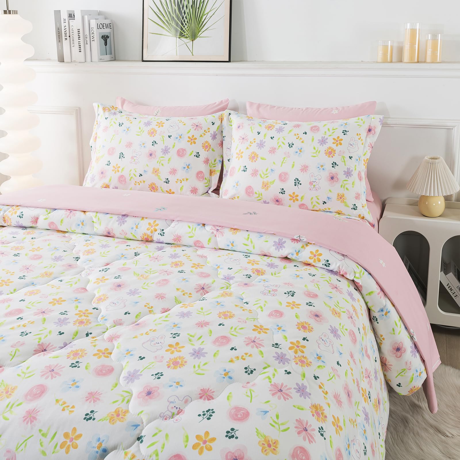 Wajade Floral Comforter Set Bed in A Bag Full Size 7 Piece Botanical Flower Green Leaves Rabbits Bedding Set for Girls (1 Comforter, 1 Flat Sheet, 1 Fitted Sheet, 2 Pillowcase and 2 Pillow Sham)