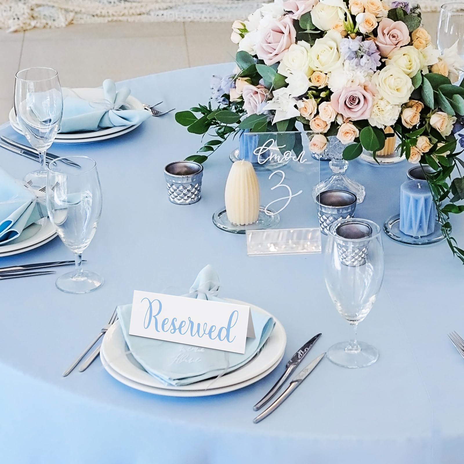 Spakon 20 Pack Reserved Signs 2.17 x 6 Inch White Blue Paper Reserved Table Signs for Wedding Christmas Party Restaurant Receptions Events Business Birthday Party