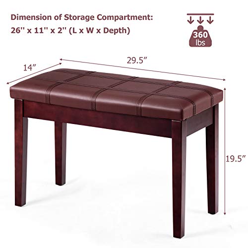 GOFLAME Piano Bench with Padded Cushion and Music Storage, Comfortable Double Duet Seat with PU Leather and Wooden Legs, Perfect for Professional or Home Use (Brown)