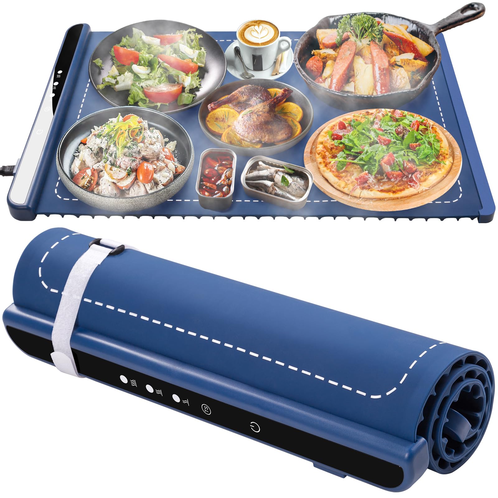 Silicone Food Warming Mat - Rollable Electric Warming Tray with Full Surface Heating & 3 Temperature Settings for Parties, Buffets, Gatherings, Home Daily Use - Blue