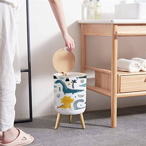 Nordic Style Trash Can - Childish seamless with hand drawn dino in scandinavian style Creative Push Top Trash Can with Lid - Scandinavian Modern Garbage Can - Round Trash Bin w/ Legs for Kitchen/Bathroom/Dog proof, 1.8 Gallon - 7L