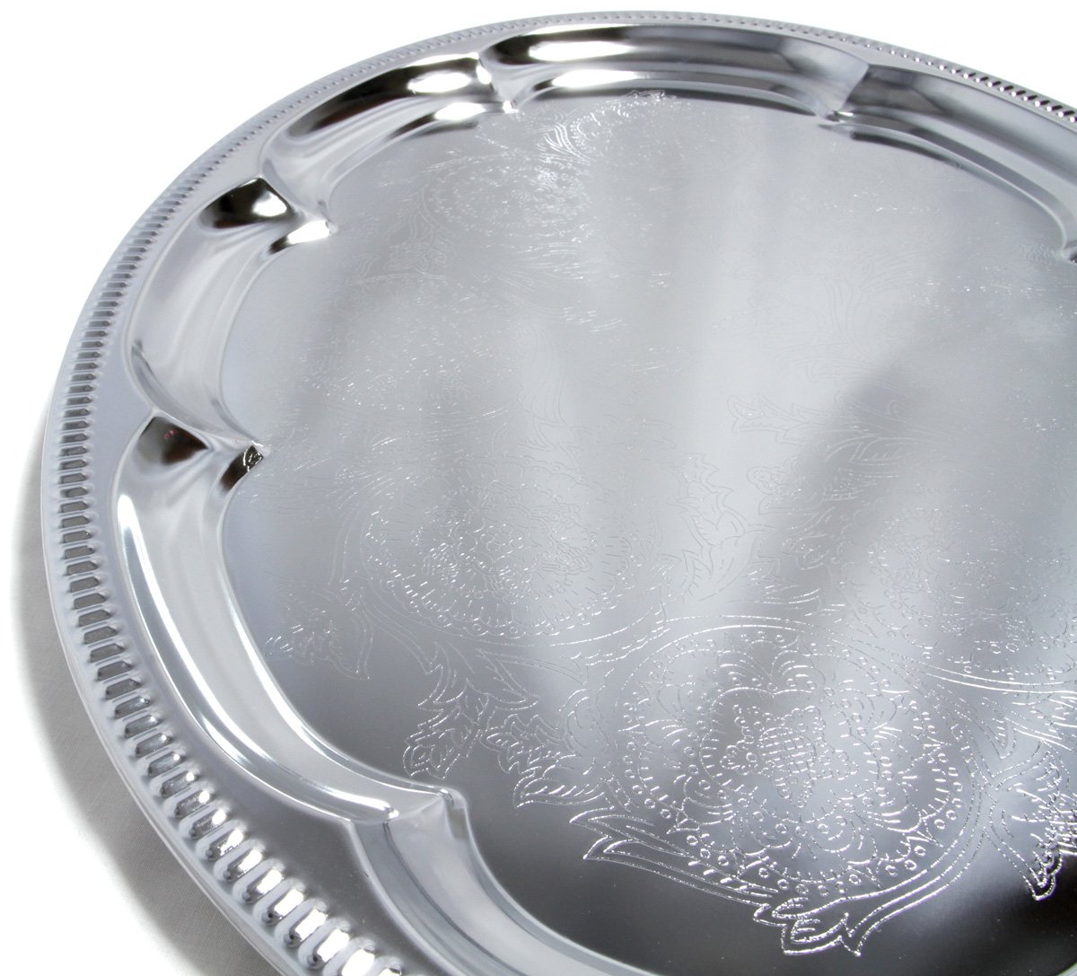 Maro Megastore (Pack of 4) 18.1 inch x 13.3 inch Traditional Oval Floral Pattern Engraved Catering Chrome Plated Serving Plate Mirror Tray Platter Metal Tableware Holiday Party Large T225-4PK