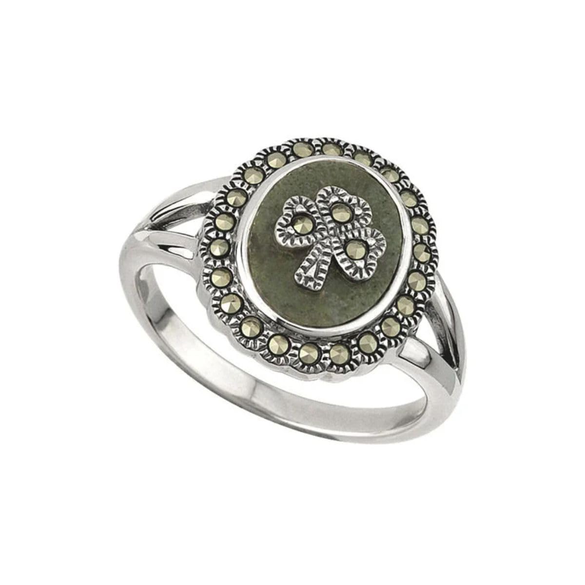 Hallmarked Sterling Silver, Marcasite Connemara Marble, Shamrock Embedded Ring (8)