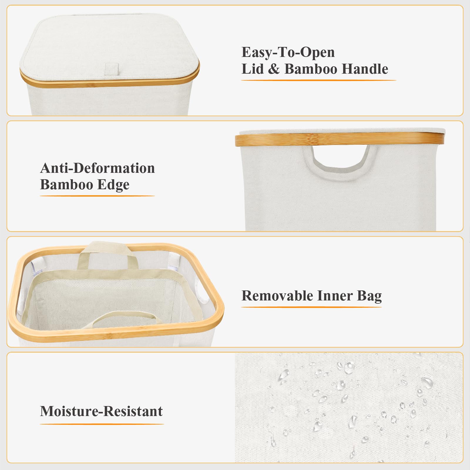 RICOJYCX 110L Collapsible Laundry Baskets with Lid, Laundry Hamper with Handle and Lid, Large Foldable Clothes Hamper with Removable Inner Bag for Clothes Toys Towels (Off White)