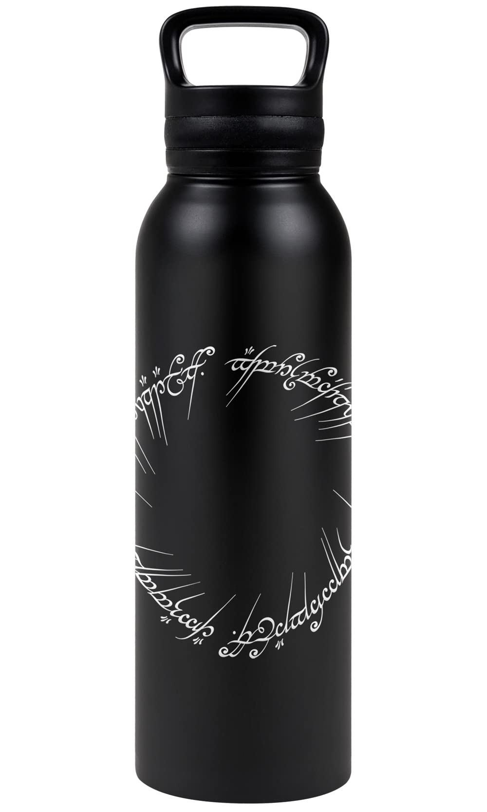Lord of the Rings OFFICIAL Mordor Script 24 oz Insulated Canteen Water Bottle, Leak Resistant, Vacuum Insulated Stainless Steel with Loop Cap, Black