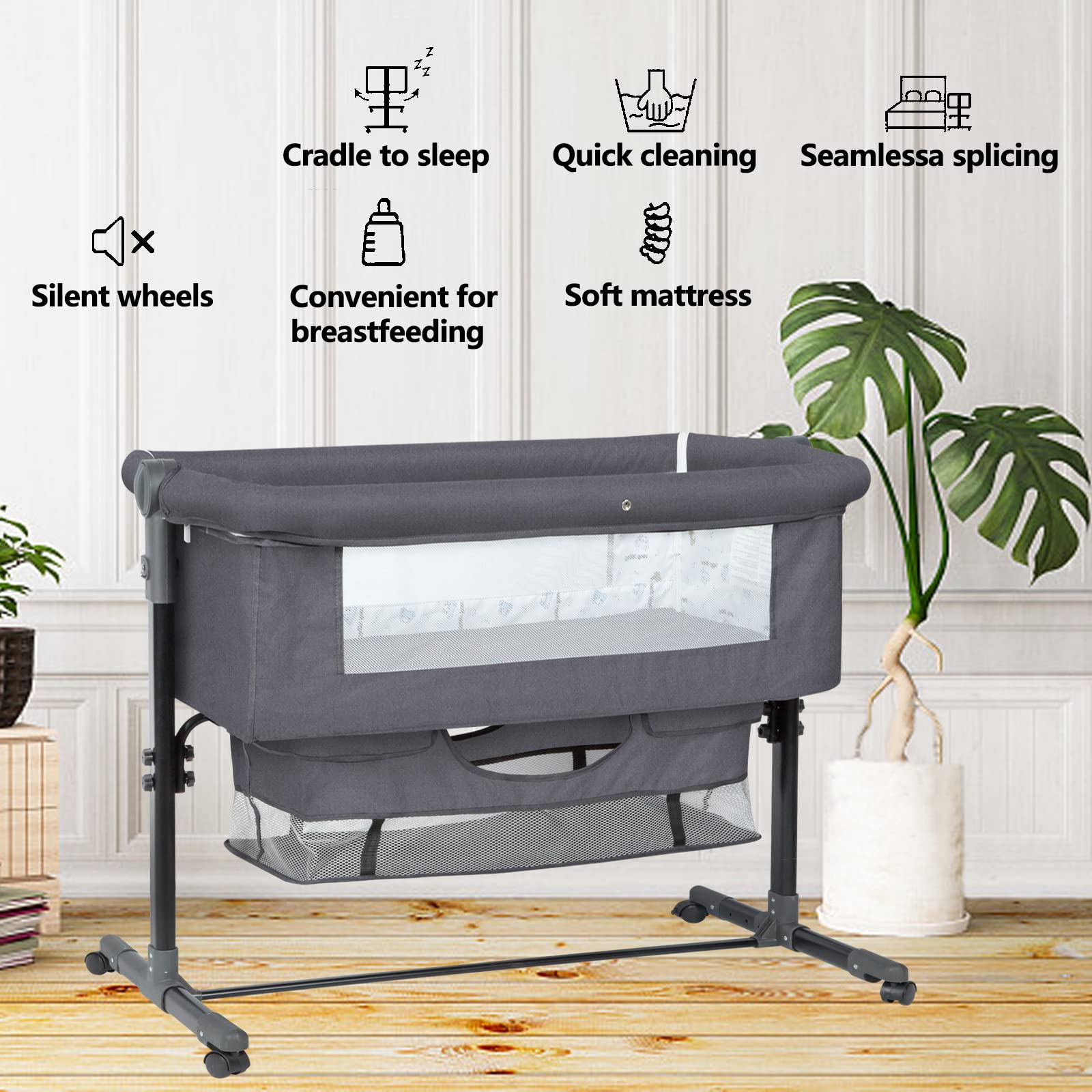 RICUTON Bassinet Bedside Sleeper, 3 in 1 Bedside Bassinet for Baby with Mosquito Nets and Wheels, Large Storage Bag, Heigt Adjustable, Easy Assemble