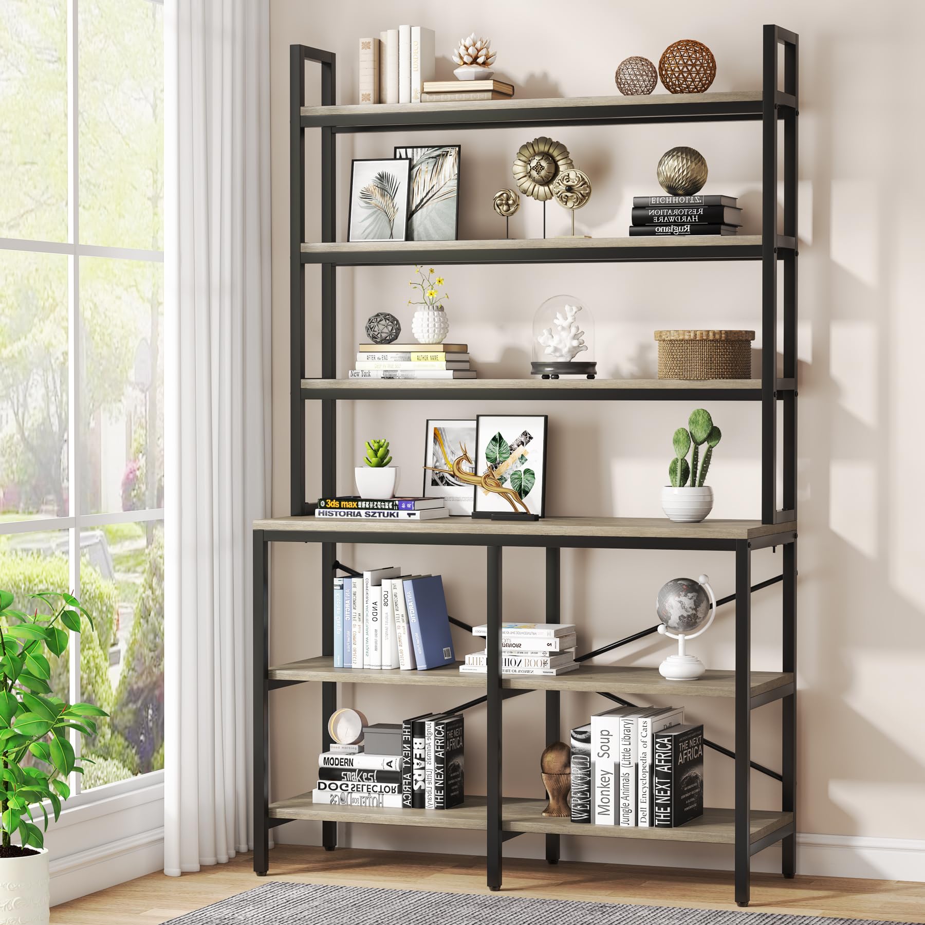 Tribesigns 6-Tier Bookshelf,Industrial Bookcase with Open Shelf,6 Shelf Storage Rack with X-Shaped Frame,Rustic Book Shelf for Living Room, Bedroom,Home, Office (1, Retro Gray)