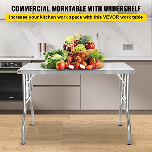 VEVOR 48 x 30 Inch Folding Commercial Prep Table Commercial Worktable Workstation, Heavy-Duty Stainless Steel Folding Table with 220 lbs Load, Silver Stainless Steel Kitchen Island,Kitchen Work Table