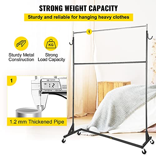 VEVOR Z Rack, 300 lbs Industrial Grade Z Base Garment Rack, 24" x 62" x 85" Height Adjustable Clothes Rack, Heavy Duty Clothing Rack w/ Lockable Casters for Home Store w/ Add-on Hang Rail Black