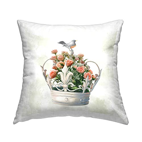 Stupell Industries Bird Perched Regal Crown Pink Rose Bouquet Design by Ziwei Li Throw Pillow, 18 x 18, Green