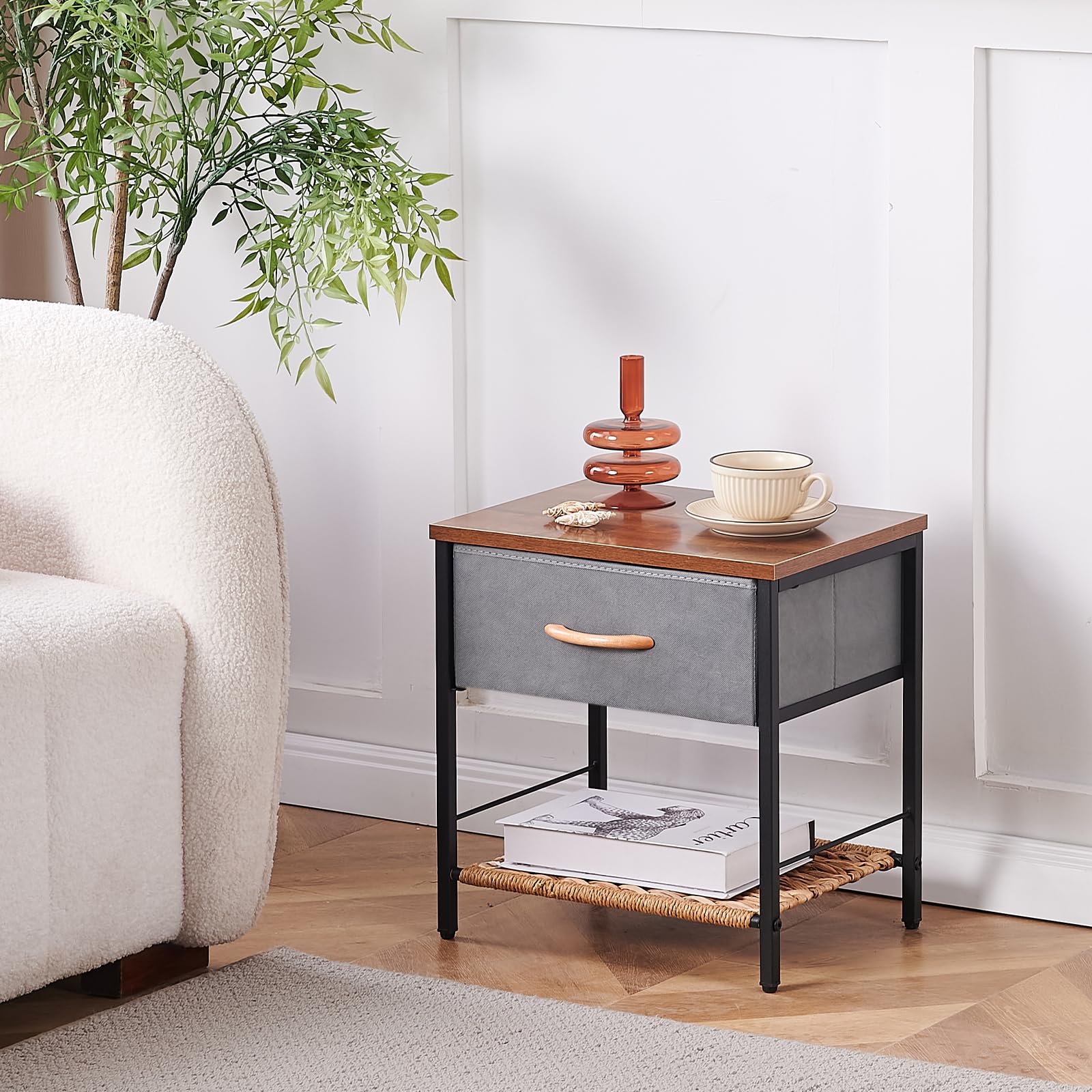 Wimarsbon Nightstand with Drawer, Night Stand Bedside Table with Storage Drawers, with Three Fabric Drawer Bedside Dresser, Modern Bedside Table Fabric Dresser for Bedroom (Light Gray-2)