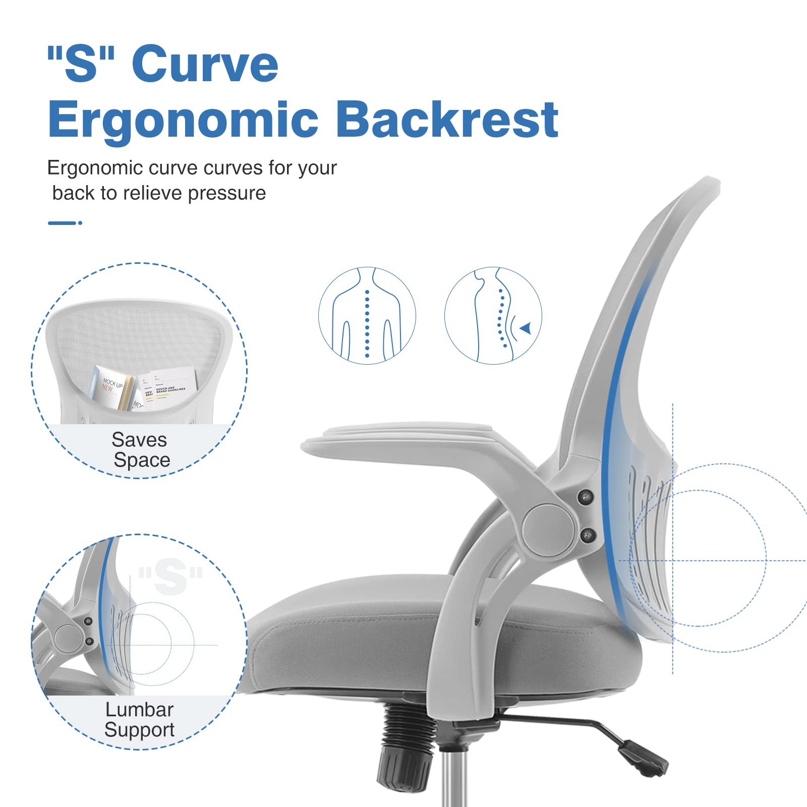 JHK Home Office Desk Chair β Ergonomic Office Chair with Lumbar Support and Flip-up Armrest, Height Adjustable Mesh Computer Chair, Suitable for Office, Study, Conference Room, Grey