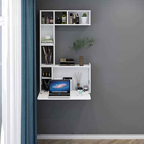 Pmnianhua Floating Desk,Wall Mounted Desk Folding,Space Saving Desk,Folding Wall Desk for Small Space Apartment Bedroom(White)