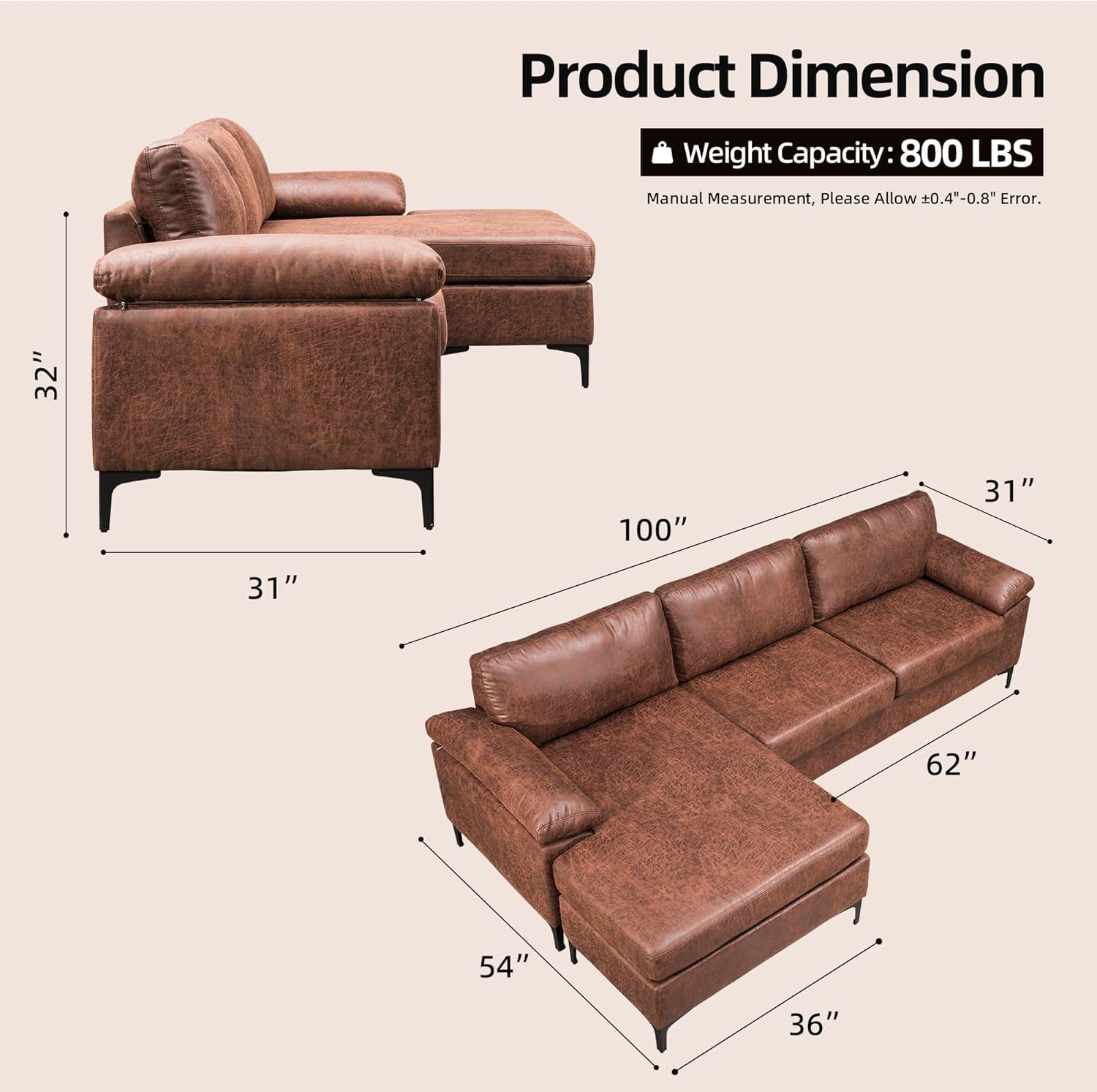 POUUIN 100" Faux Leather Sectional Sofa Couches for Living Room,3 Seater L Shaped Sofa Couch with Reversible Chaise,Mid-Century Modern Comfy Deep Seat Convertible Sofa (Dark Brown,Suede Fabric)