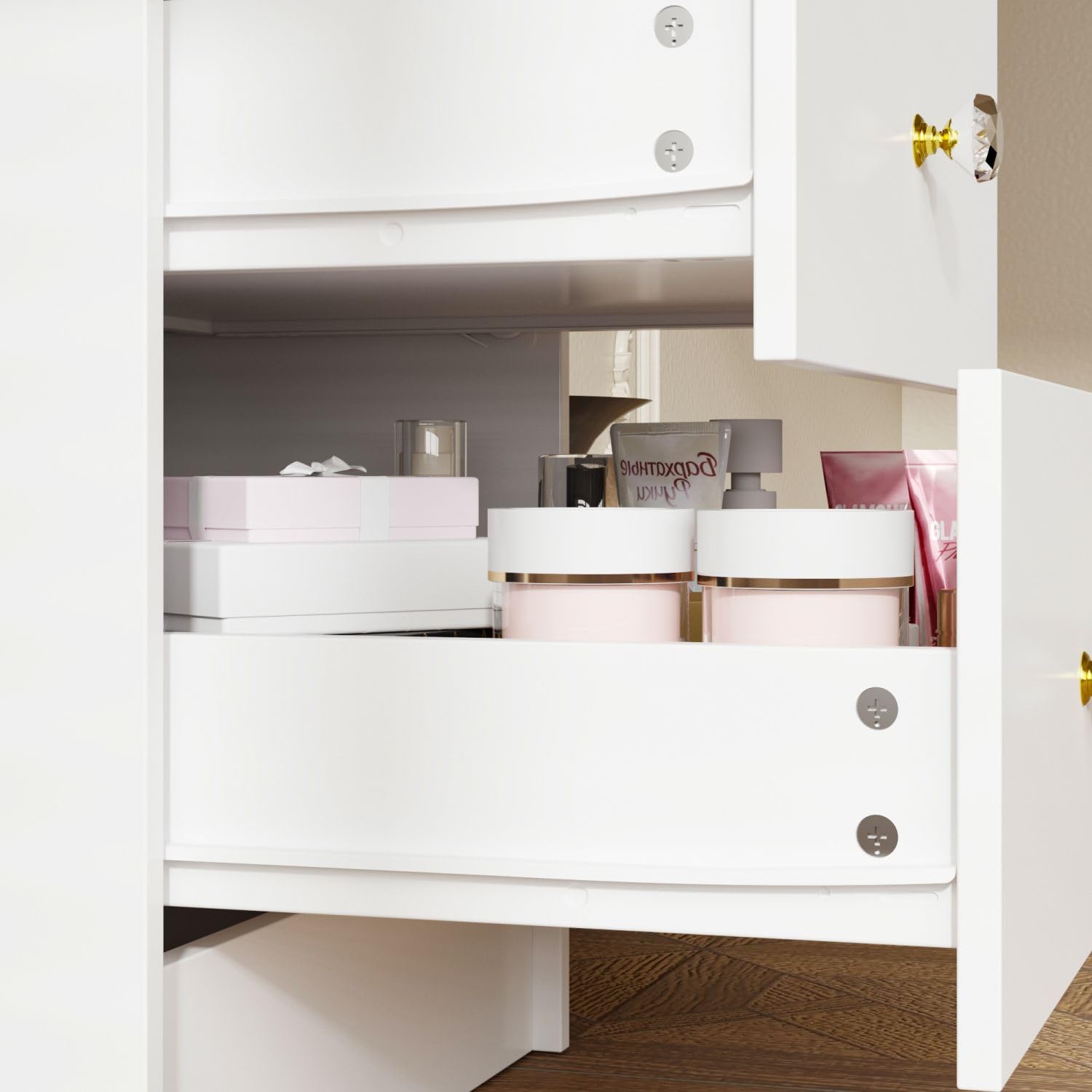 TAMUNE Vanity Desk with Sliding Mirror and Lights, Makeup Vanity with 5 Drawers & Shelves, Dressing Table with Crushed Diamond Lighted Mirror & Stool, Pink, 19.7”D x 39.4”W x 53.3”H
