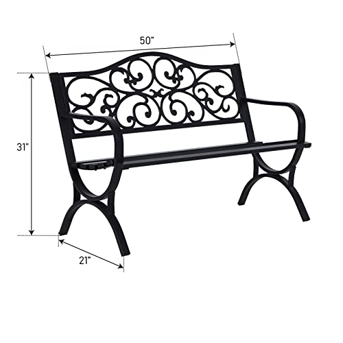 MFSTUDIO 50 Inches Outdoor Garden Bench,Cast Iron Metal Frame Patio Park Bench with Floral Pattern Backrest,Arch Legs for Porch,Lawn,Garden,Yard(Black)