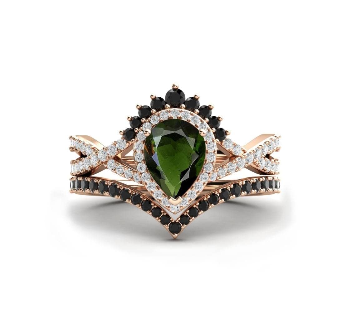 Moldavite Engagement Ring, Antique Moldavite Wedding Ring, Pear Shape Moldavite Bridal Ring Set, Unique Promise Anniversary Ring Set For Her (Rose Gold, 12)