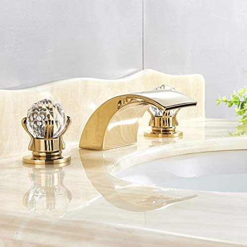 NeierThodore LED Widespread Bathroom Faucet Waterfall Gold Polished Lavatory Faucets Basin Mixer Tap 2 Crystal Knobs 3 Holes