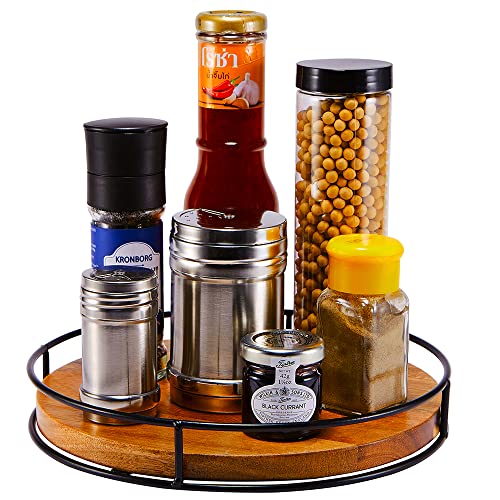 Saebye 9.5" Acacia Wood Lazy Susan, Lazy Susan Organizer for Cabinet, Turntable Organizer with Steel Sides, for Cabinet, Pantry, Table, Spice Rack