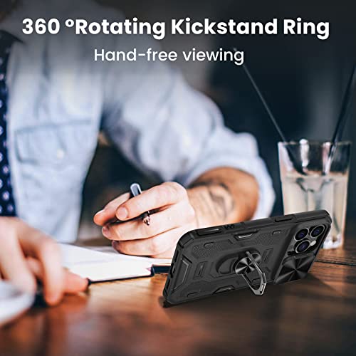 VEGO for iPhone 14 Pro Case, iPhone 14 Pro Kicksand Case with Slide Camera Cover Built-in 360° Rotate Ring Stand Magnetic Shockproof Phone Cover Case for iPhone 14 Pro 6.1 inches 2022 - Black