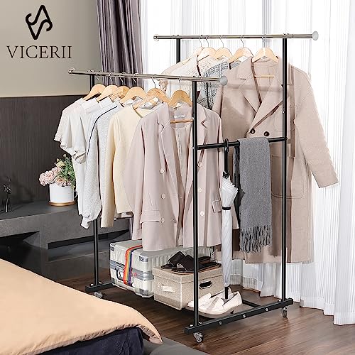 VICERII Double Clothing Rack, Heavy Duty Clothes Rack with Wheels and Extra Wide Bottom Shelf, 52.36ββ Garment Racks for Hanging Clothes, Coats, Shirts, Skirts, Dresses, 130LB Capacity, Black