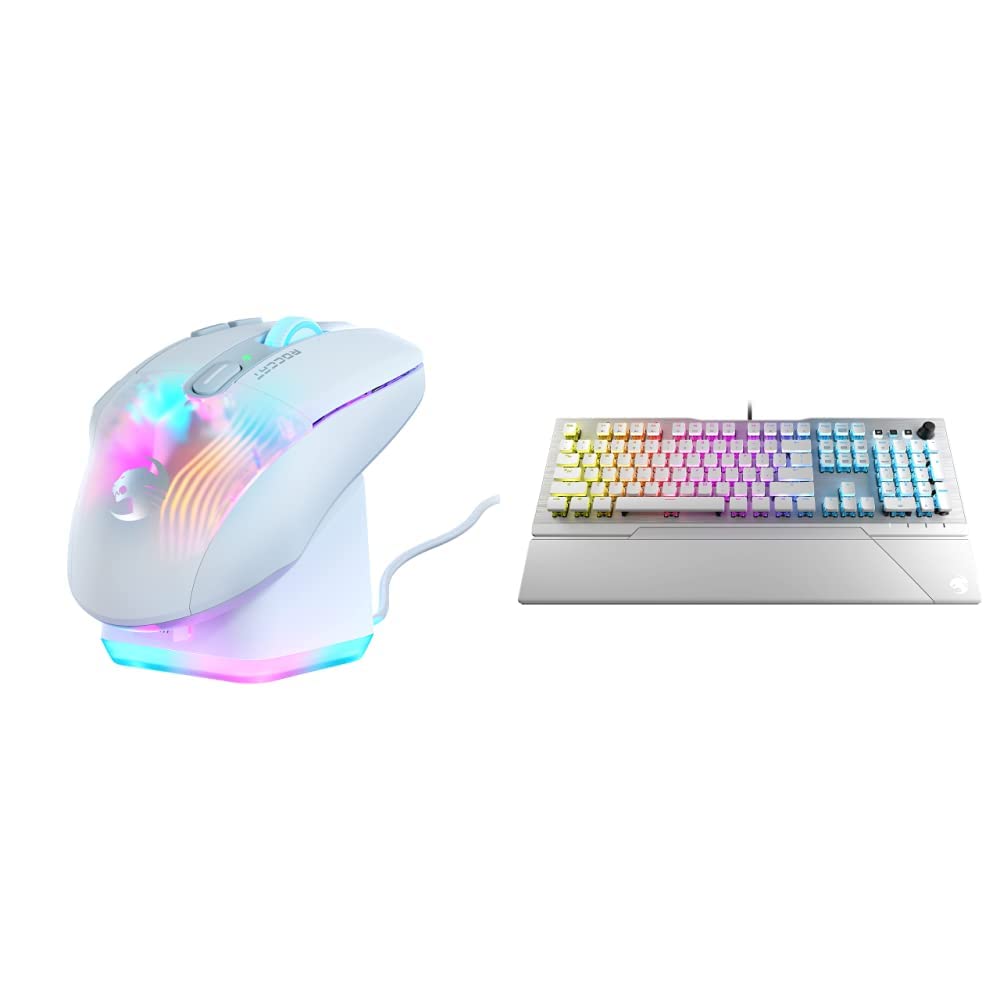 ROCCAT Kone XP Air – Wireless Customizable Ergonomic RGB Gaming Mouse & AIMO RGB Lighting, 4D Wheel – White & Vulcan 122 Mechanical PC Tactile Gaming Keyboard, Titan Switch, White/Silver