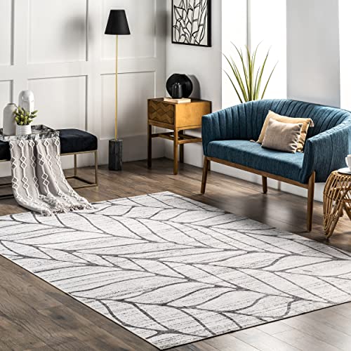 nuLOOM Lanette Abstract Leaves Machine Washable Ultra Thin Area Rug, 4' x 6', Light Grey