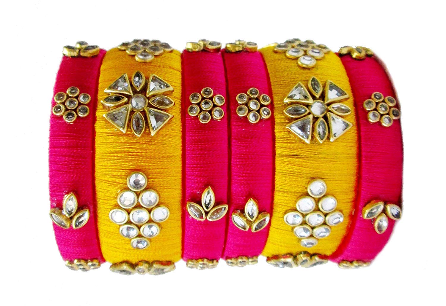 GOELX Silk Thread Bangles Designer Beautiiful Kundan Bangle Set - Rani Pink and Yellow