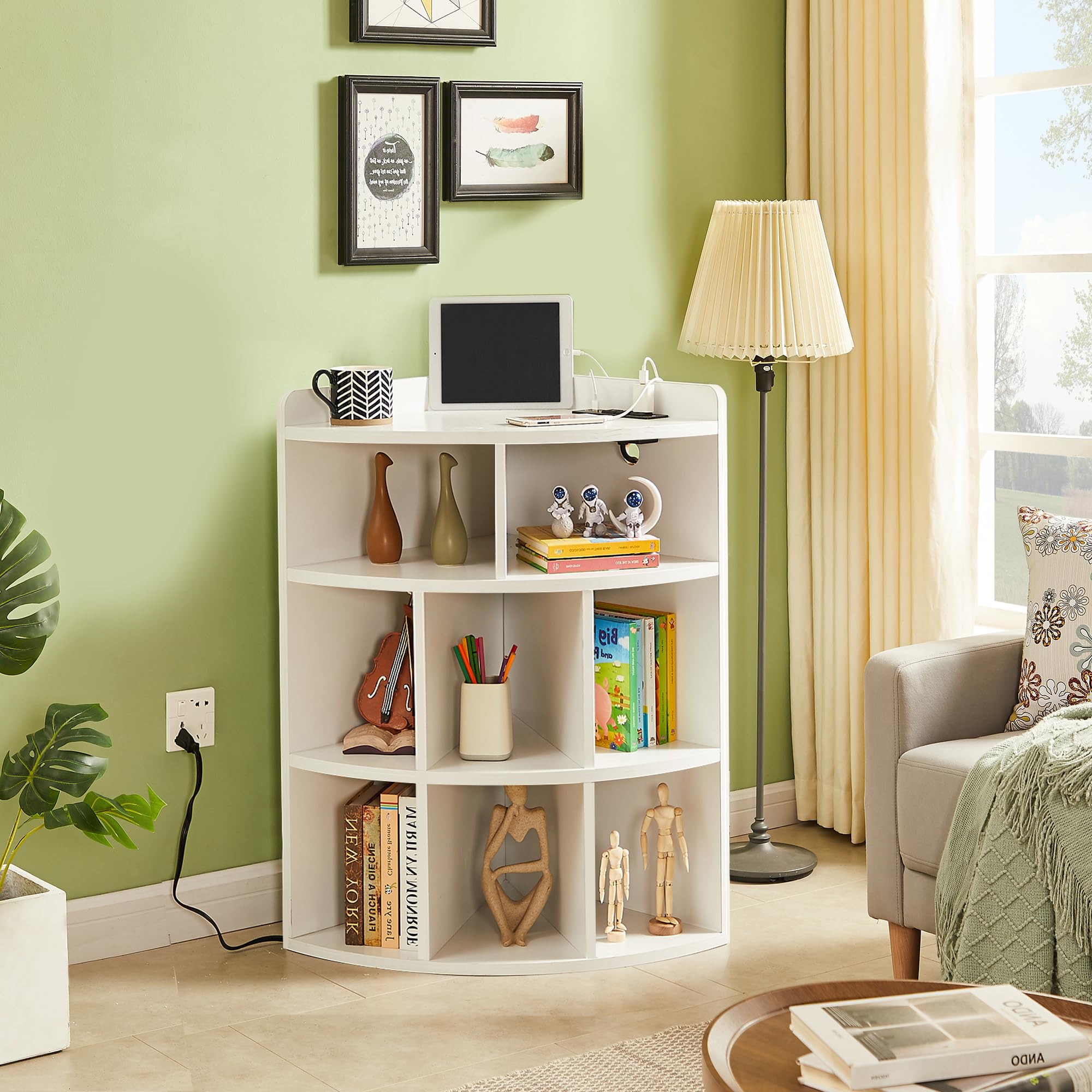 VECELO 3-Tier Cabinet with Adjusting Shelf Boards, Triangle 8 Cubes CornerStorage with USB Charging Station Outlets,Corner Bookshelf for Playroom,Bedroom&Living Room Home Office,Pearl White