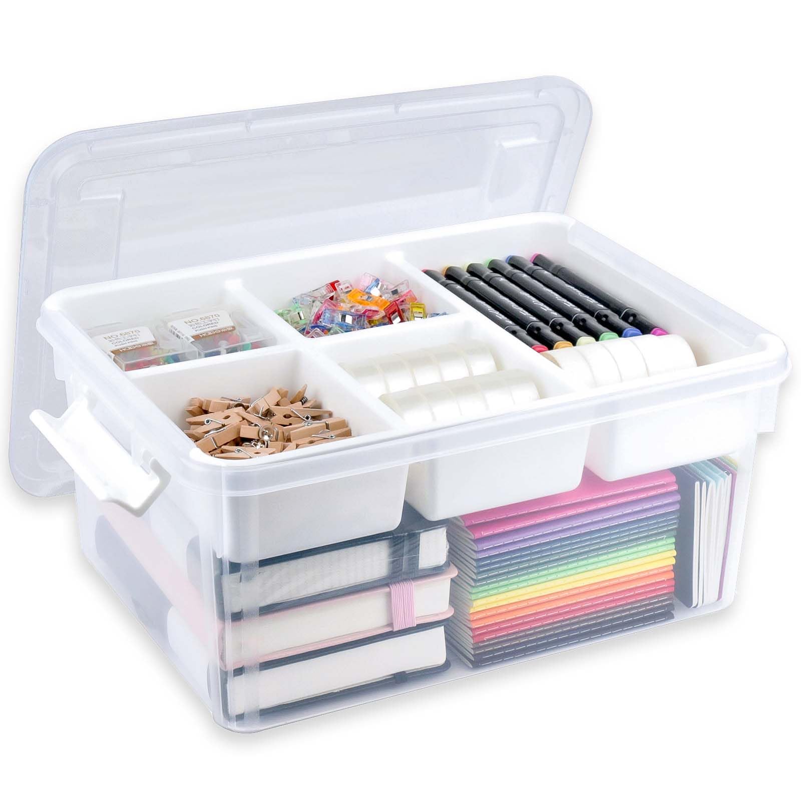 Rinrda 17 QT Clear Plastic Storage Box with Removable Tray,Stackable Containers with Lids,Art Supply Organizers,Craft Bins for Organizing Bead,Playdoh,Coloring Book