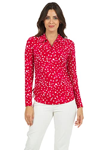 IBKUL Athleisure Wear Sun Protective UPF 50+ Icefil Cooling Tech Evelyn Print Adjustable Length Long Sleeve Polo - 48186 Blue/White Evelyn L