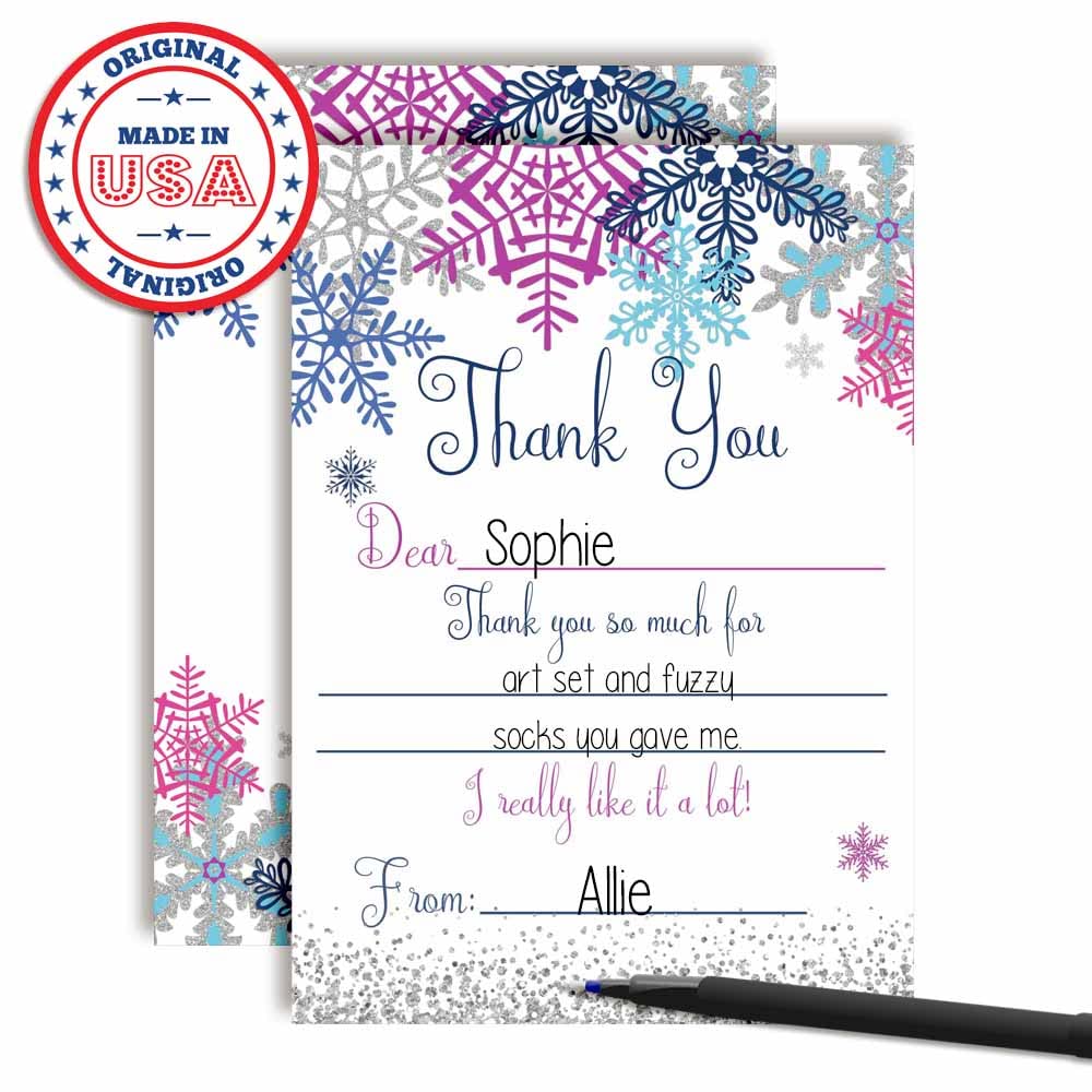 Winter Snowflake Birthday Thank You Notes, Ten 4" x 5.5" Fill In The Blank Cards with 10 White Envelopes by AmandaCreation