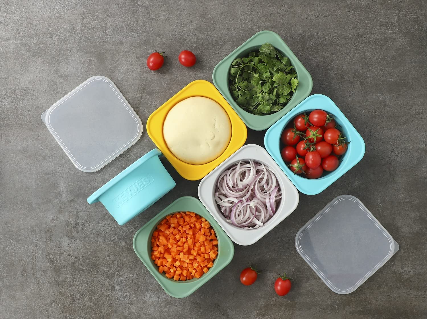 KEVJES Stackable Silicone Artisan Pizza Dough Proofing Proving Containers with Lids-3 pack-500ml portion (1Space Gray+1Green+1Yellow)