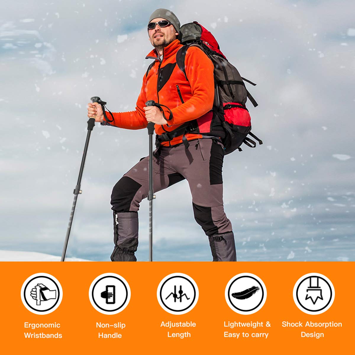 GOFLAME Trekking Poles 2 Pack Walking Hiking Anti-Shock Climbing Sticks Adjustable Lightweight Alpenstock Hiking Stick with Carrying Bag (Orange)
