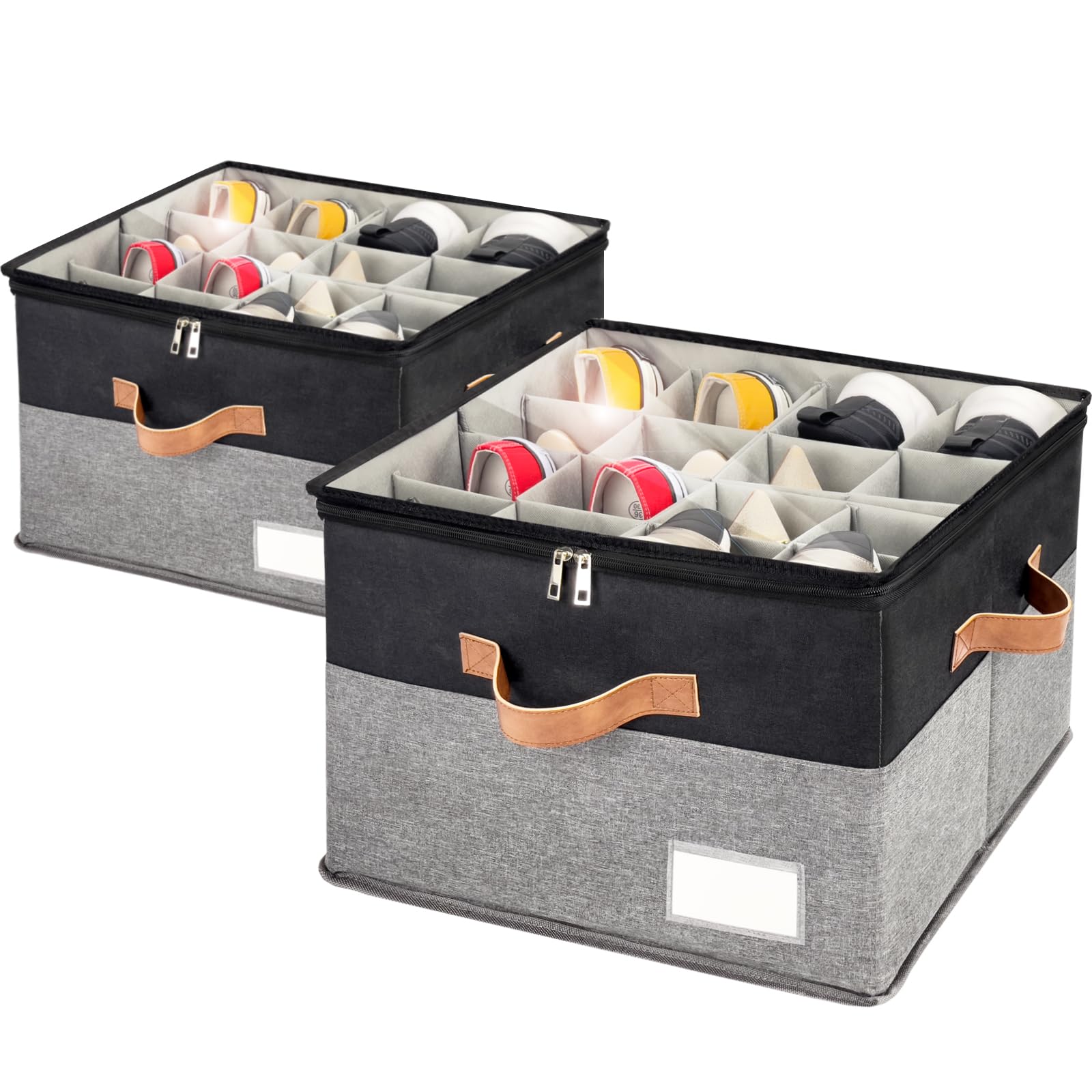 RONCHIL Shoe Organizer for Closet, Foldable Shoe Storage Bins with Clear Cover, Space Saving Shoes Holder with 4 Handles, Large Adjustable Shoe Box Storage Containers, Fits 8-16 Pairs, 2 Pack, Beige
