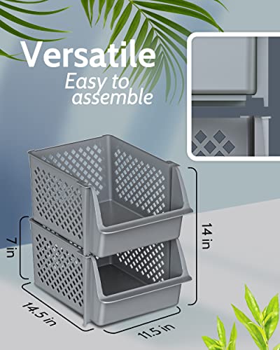 Skywin Plastic Stackable Storage Bins for Pantry - Stackable Bins For Organizing Food, Kitchen, and Bathroom Essentials (Grey, 2-Pack)
