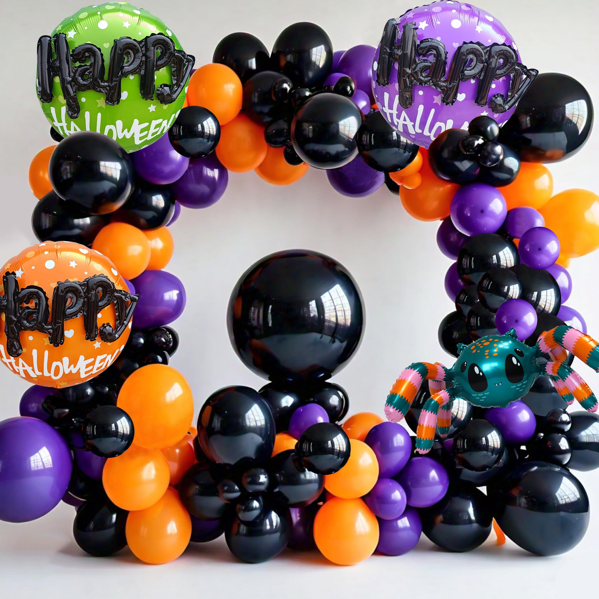 SYNUO 130Pcs Halloween Balloon Garland Arch Kit, 4D Colored Spider Foil Balloon, Purple Orange Black Halloween Balloon Arch Kit, Halloween Spider Themed Baby Shower Party Decoration