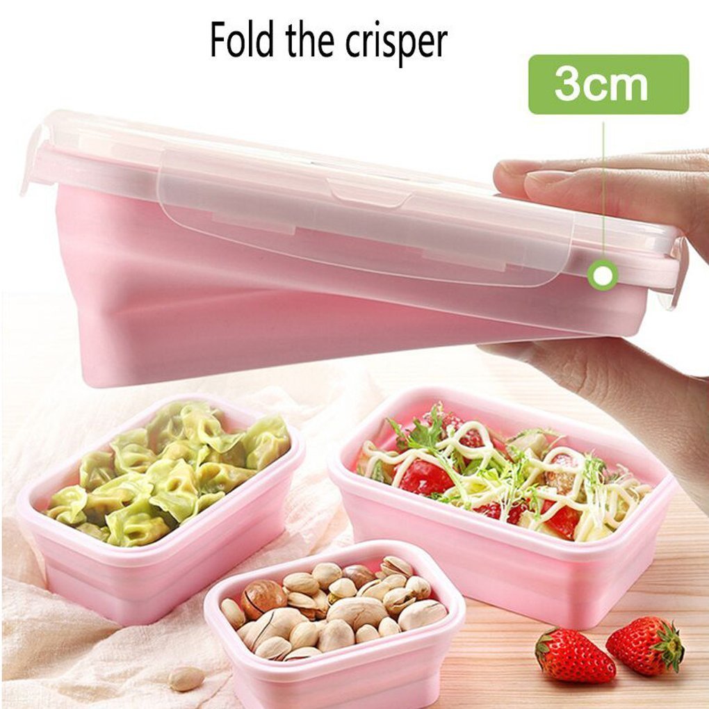 Keweis Silicone Lunch Box Bento Box, Collapsible Folding Food Storage Container with Lids, Kitchen Microwave Freezer and Dishwasher Safe, Set of 3, (Pink)