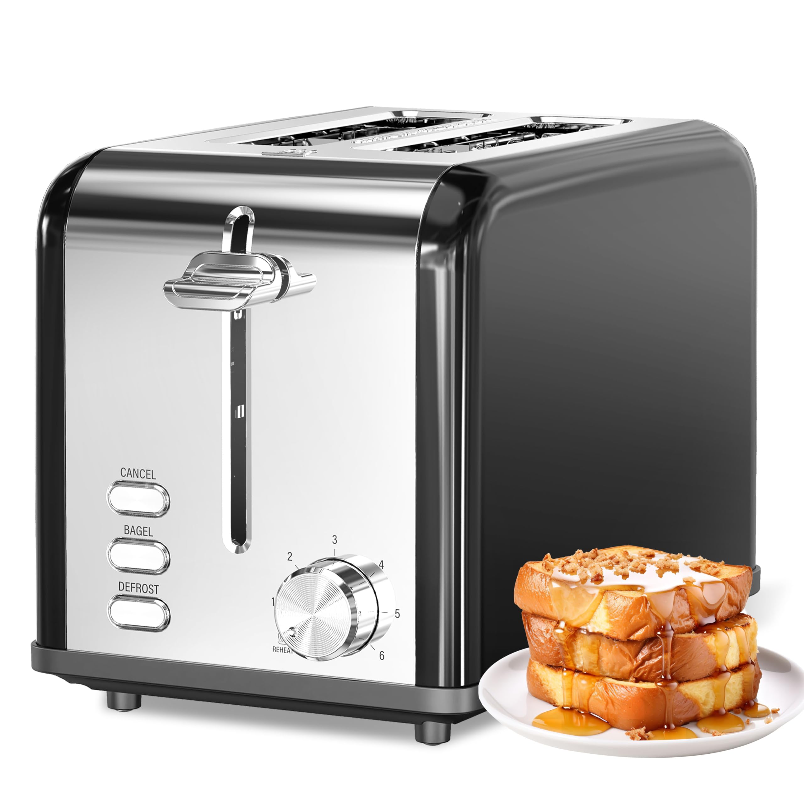 Simple Deluxe 2-Slice Toaster, Stainless Steel Toaster, 6 Browning Setting and 3 Function, Extra Wide Slot & Removable Crumb Tray, for Bread & Waffle, Black