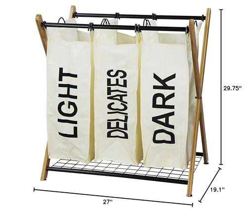 Oceanstar X-Frame Bamboo 3-Bag Laundry Sorter, White