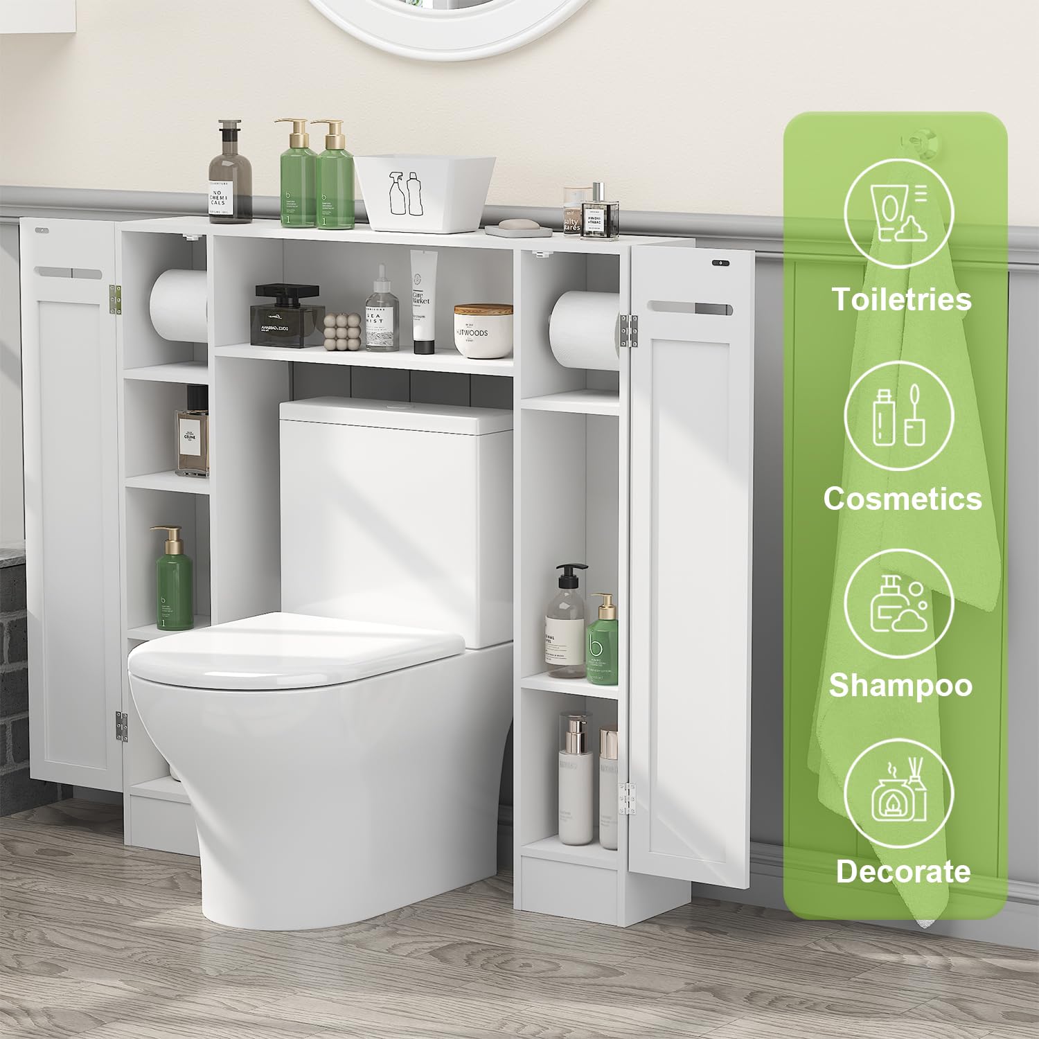 Short Over the Toilet Storage Cabinet β Freestanding Bathroom Space Saver with Adjustable Shelves, Toilet Paper Holder & Anti-Tip Design - Bathroom Organizer for Extra Storage, for Renters, Families