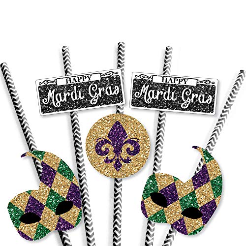 Mardi Gras Paper Straw Decor - Masquerade Party Striped Decorative Straws - Set of 24