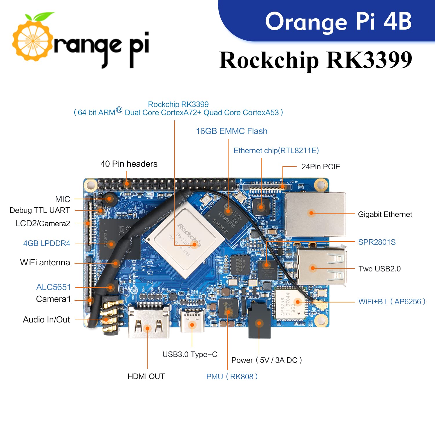 Orange Pi 4B 4GB+16GB Single Board Computer, Rockchip RK3399 6-Core ARM 64 Bit Development Board with 16GB eMMC Flash, Compatible Android/Ubuntu/Debian OS(Pi 4B+Case+Heat Sink+Power Supply)