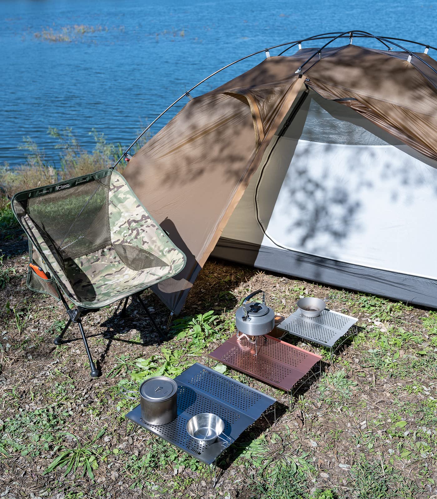 iClimb 1 Anti-Sinking Large Feet Chair and 1 Solo Mini Folding Table Bundle, Ultralight Compact for Solo Outdoor Backpacking Hiking Camping Beach Concert