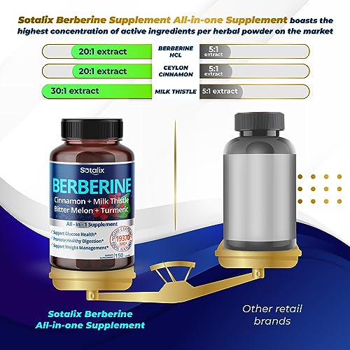 SOTALIX SUPPLEMENT Premium Berberine 19,370mg Plus Ceylon Cinnamon, Bitter Melon, Milk Thistle - Supports Immune System, Heart & Gastrointestinal Wellness - 150-day Supply (150 Count (Pack of 1))