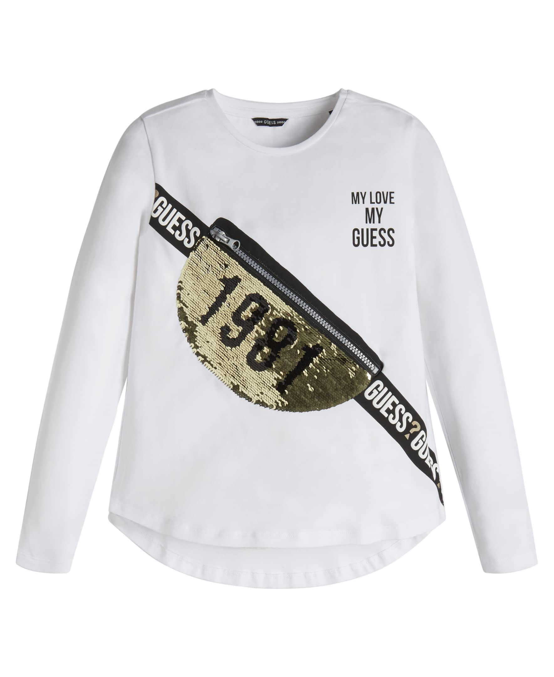 GUESS Girls' Reversible Sequin Artwork Organic Stretch Cotton T-Shirt, Pure White, 12