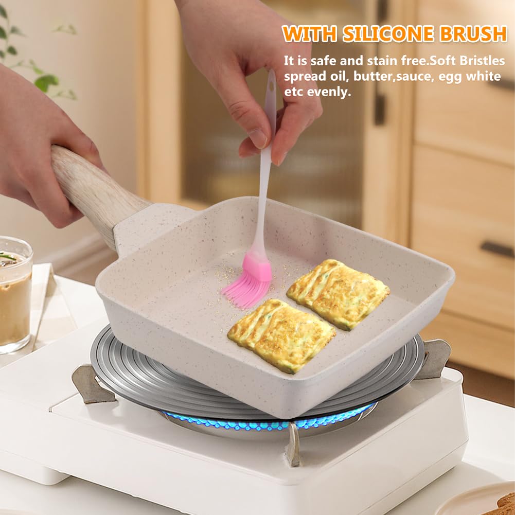Tamagoyaki Pan,Japanese Omelette Pan With Silicone Brush,Nonstick Tamagoyaki Pan,Rectangle Eg-g Roll Pan With Detachable An-ti Scalding Handle For All Stove,7“x 5.9”(beige，pink)