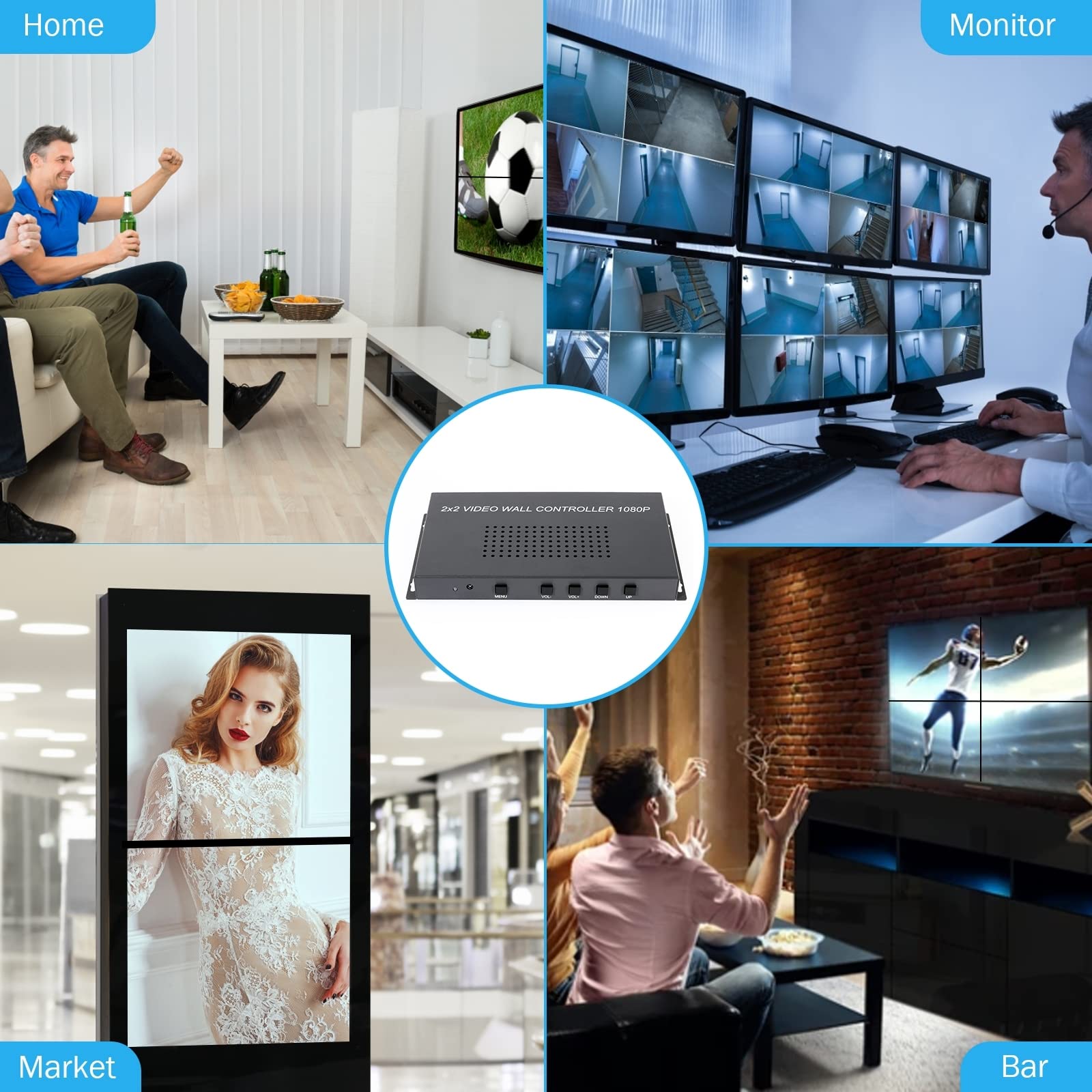 POWLAB 180 Degree Rotate Video Wall Controller 2X2 HDMI TV Wall Controller Video Image Processor 1080P 60HZ HD Display Screen Splicing 4 HDMI Output Support Splicing 2x2, 1x2, 1x3, 1x4, 2x1, 3x1, 4x1