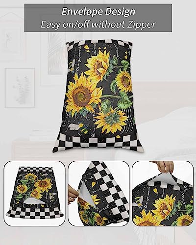 Sunflower Pillow Covers Standard Size Set of 2 20x26 Bed Pillow, Farmhouse Spring Floral Bee Rustic Black White Plaid Plush Soft Comfort for Hair/ Skin Cooling Pillowcases with Envelop Closure