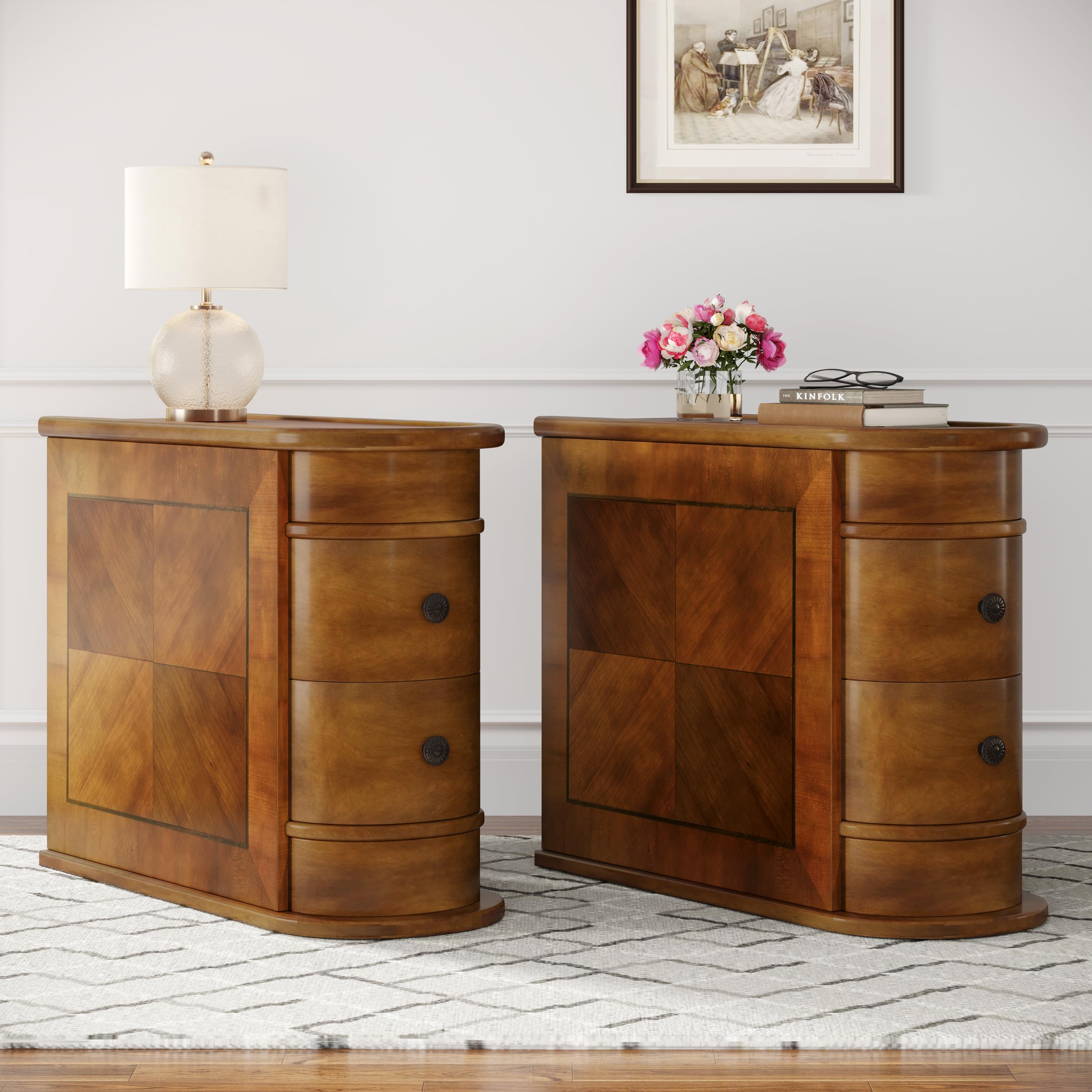 Wood End Table with 2 Drawers, No Assembly Required Narrow Sofa Side Table for Living Room, Vintage Slim Nightstand Bedside Table for Bedroom, Finished Back (2 Drawers, Brown, 1Pc)